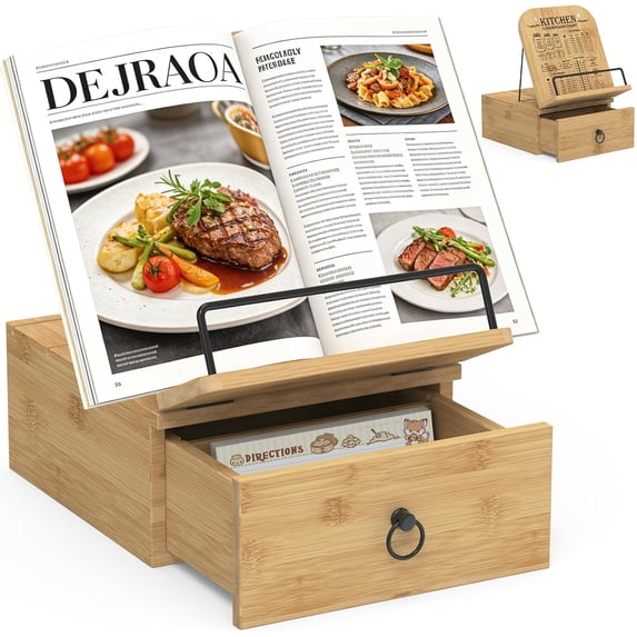Cookbook Stand-Wooden Recipe Card Holder Box, Adjustable Cooking Book ...