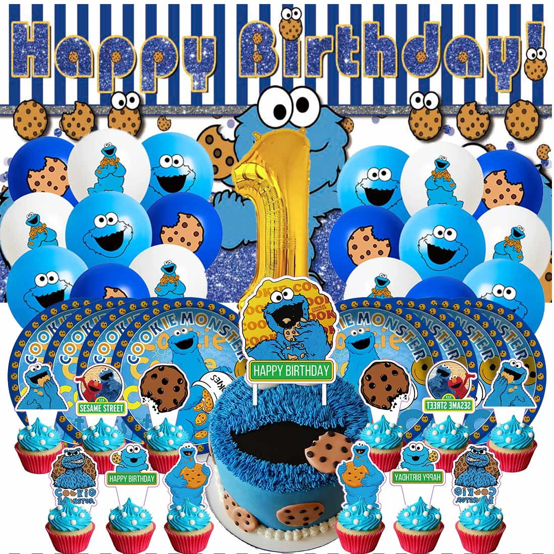 Cookie Monster Balloons Party Supplies 1st Decor Tableware Birthday ...