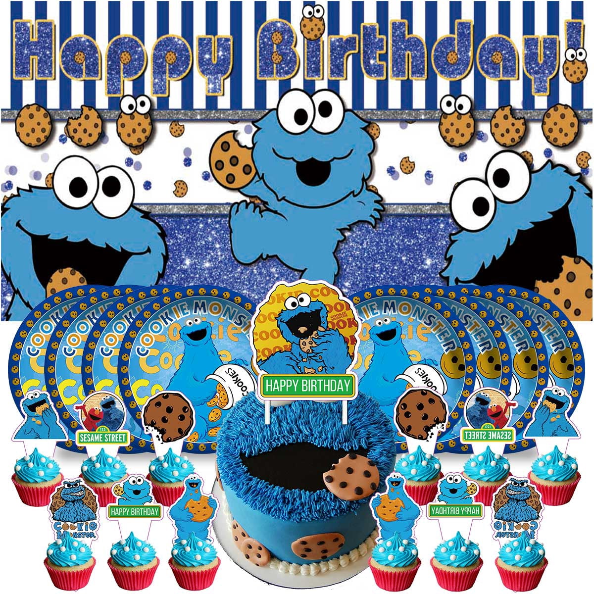Cookie Monster Birthday Supplies Plates Decorations Decor Backdrop ...