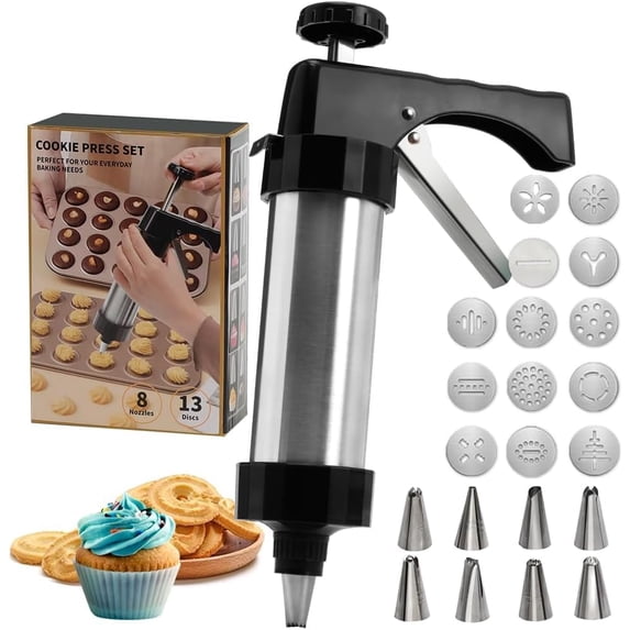 Cookie Press Gun Black - Spritz Kit with 13 Discs & 8 Piping Tips ...