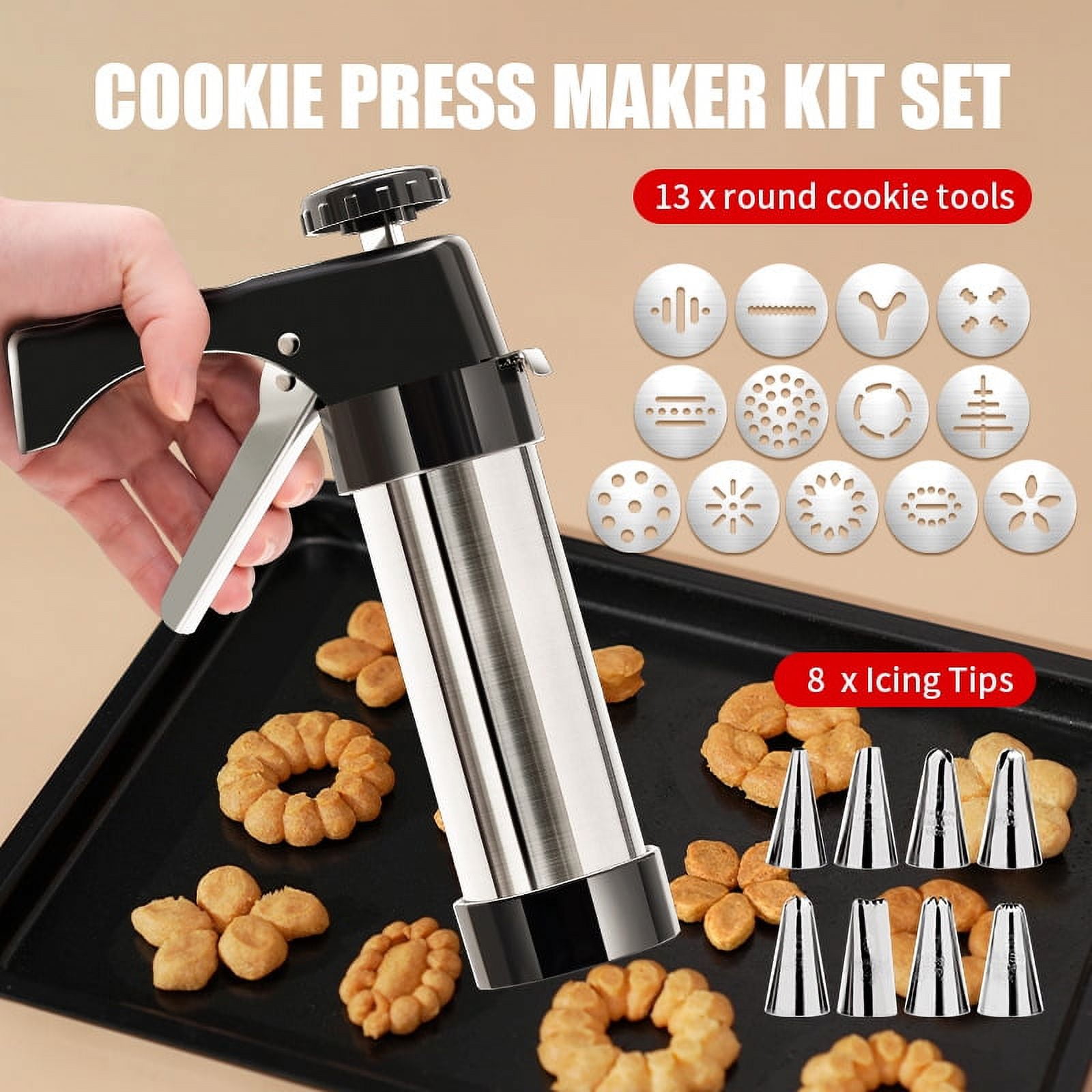 Cookie Press, Stainless Steel Cookie Pres with 13 Discs & 8 Nozzles for ...