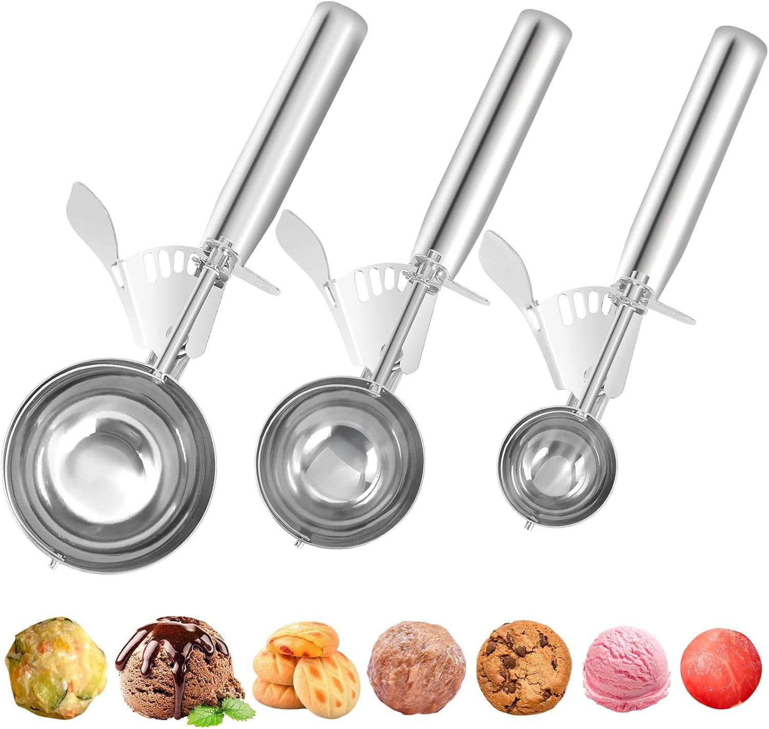 Cookie Scoops Set of 1 / 3 Ice Cream Scoop with Trigger 18/8 Stainless ...
