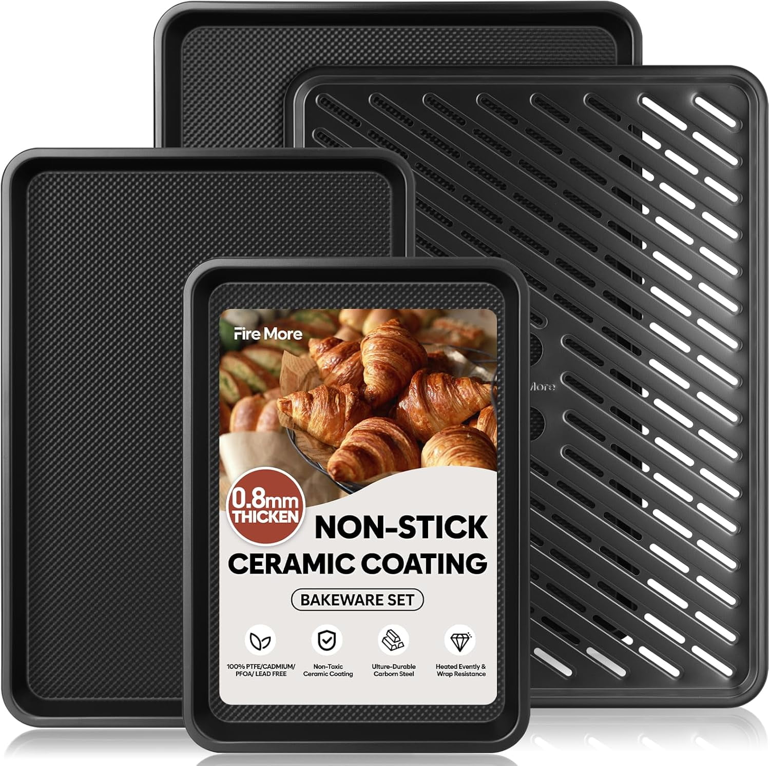 Cookie Sheets for Baking with Cooling Rack Set of 4, 0.8mm Thick Heavy ...