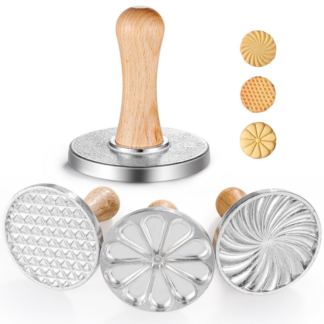 Cookie Stamps Set of 3, Metal Cookie Press Cutters with Wooden Handles ...