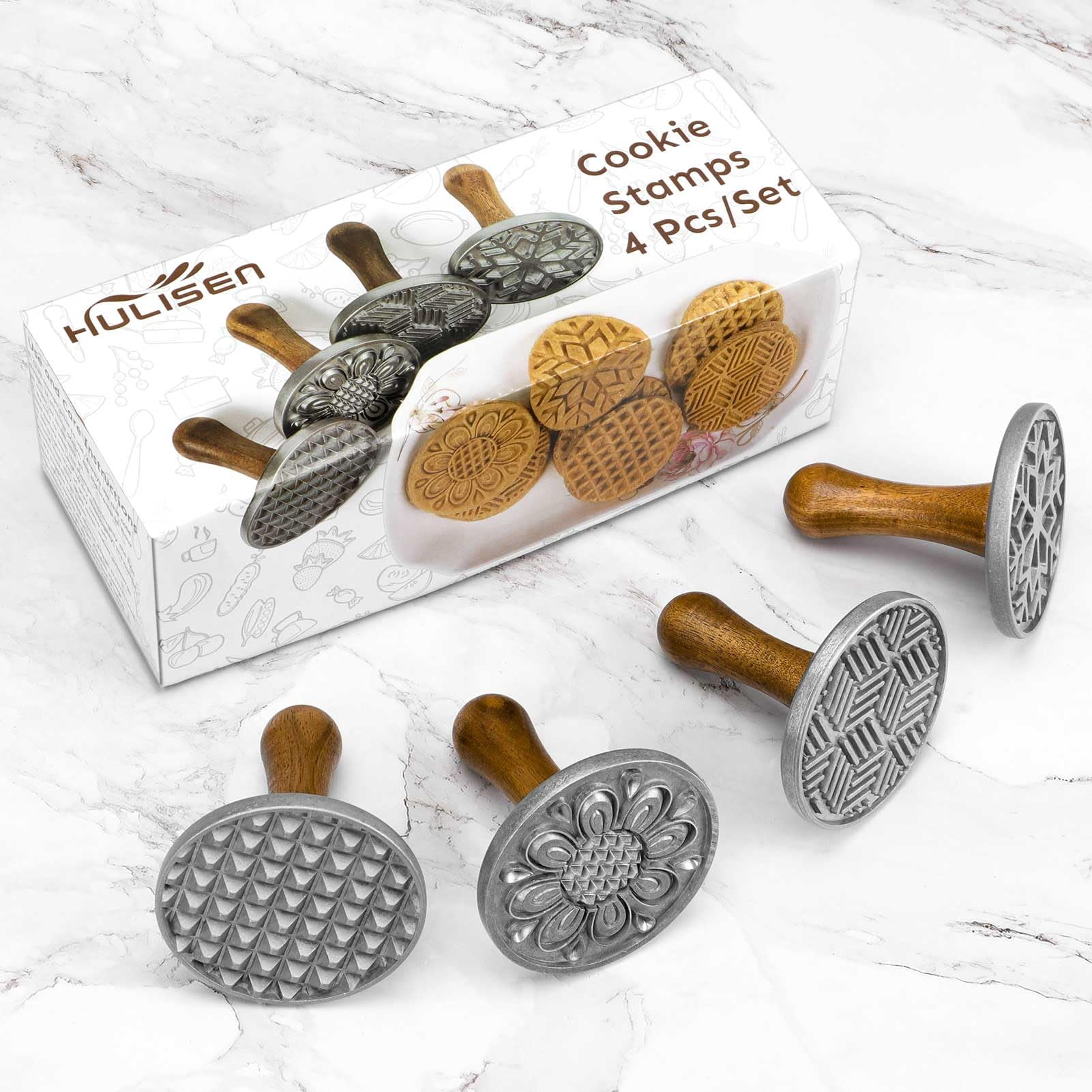 Cookie Stamps Set of 4, Metal Cookie Press Mold with Wooden Handle ...