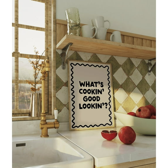 What'S Cookin Good Lookin Art Poster, Retro Neutral Black Kitchen ...