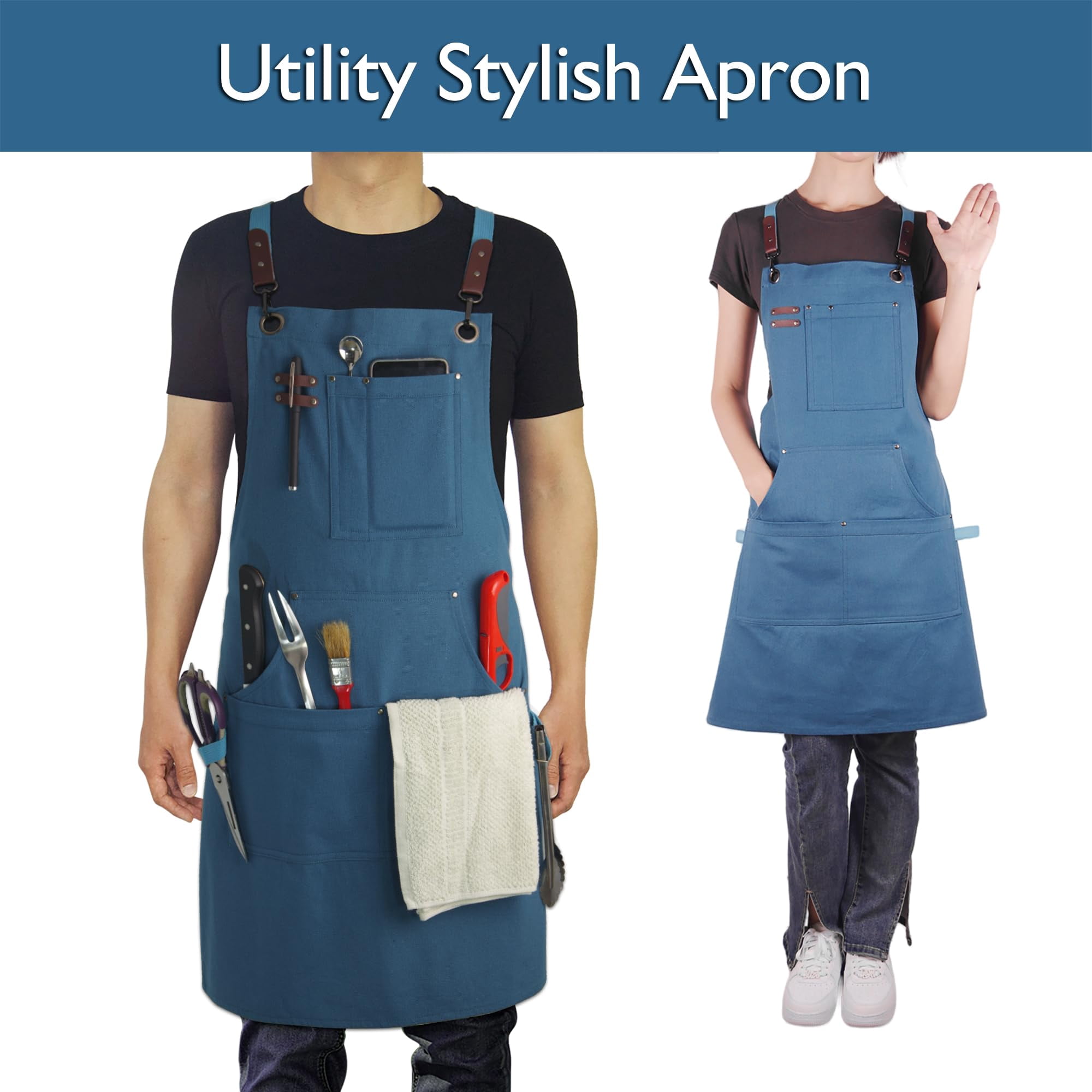 Cooking Apron Blue 1 Size M to XXL Multi-Pocket Workwear - Walmart.com