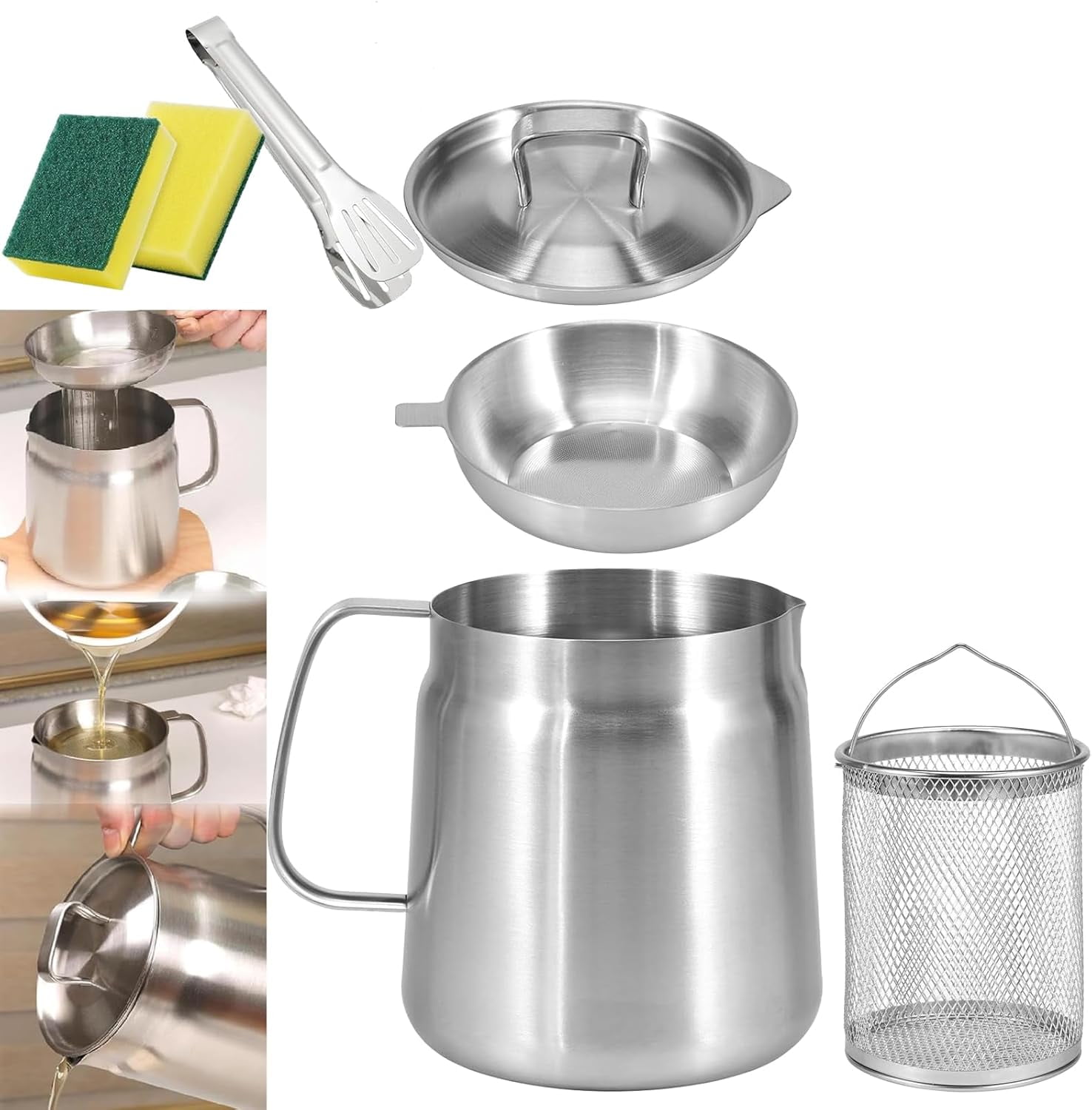 Cooking Oil Container with Strainer, 304 Stainless Steel Oil Filter Pot ...
