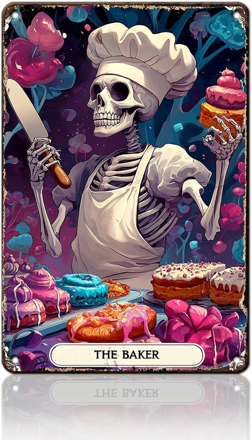 Cooking Skeleton Metal Sign Funny Tarot Card Wall Art Decor for Bakers ...