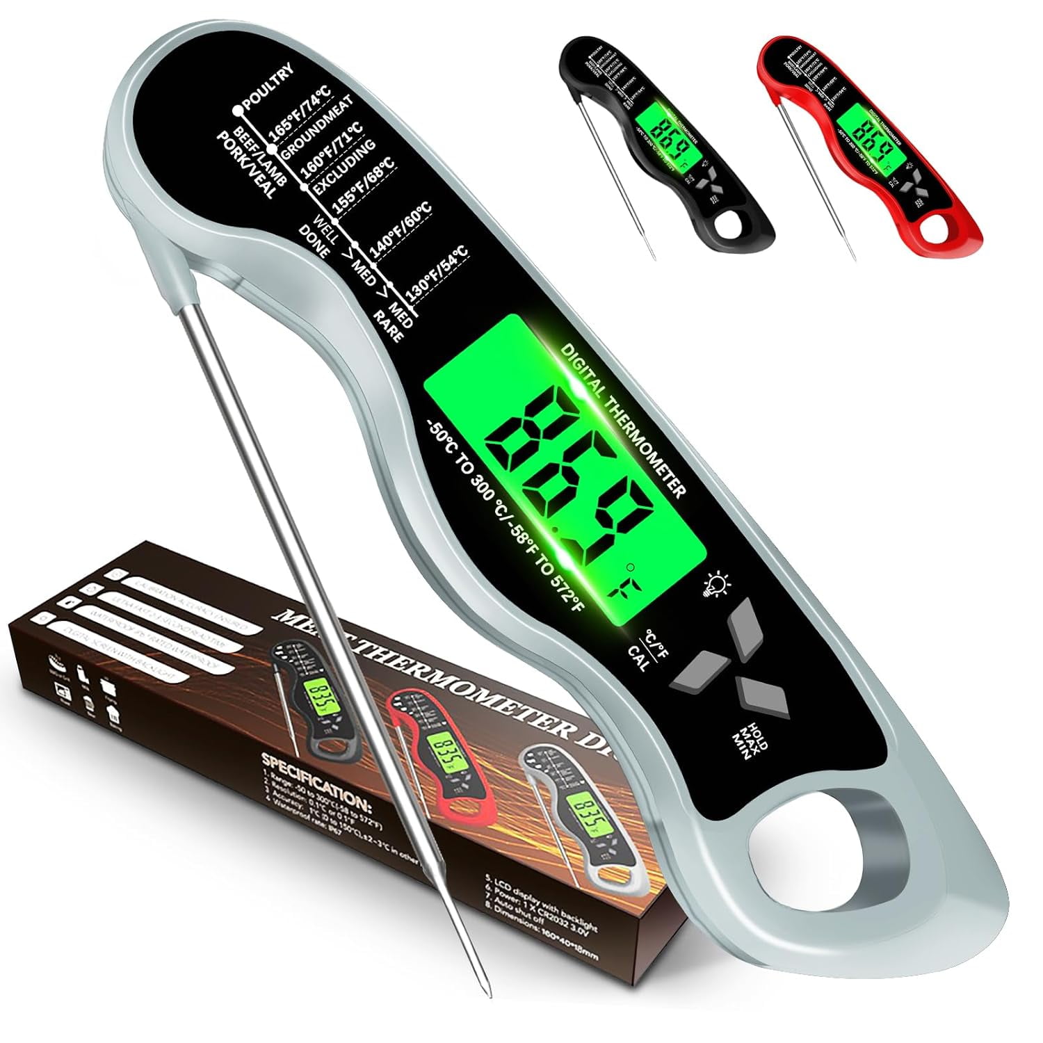 Cooking Thermometer,IP67 Waterproof Digital Meat Thermometer with Backlight, Calibration & Hold ...