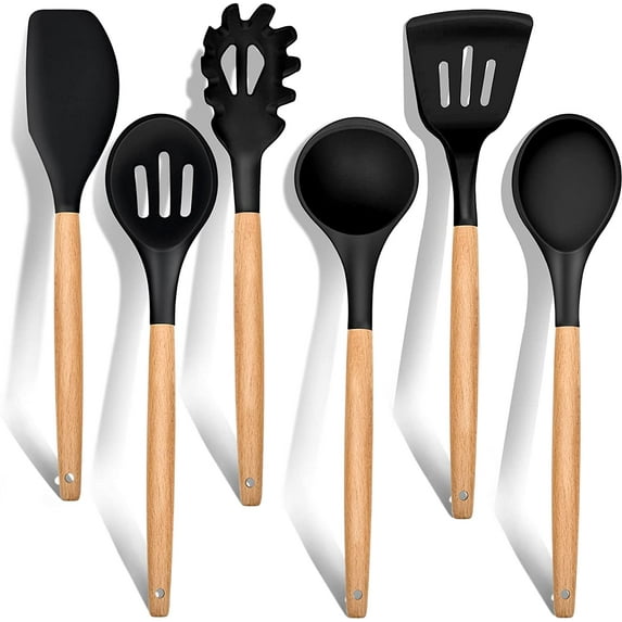 Cooking Utensils Set of 6, Silicone Kitchen with Wooden Handle, Non ...