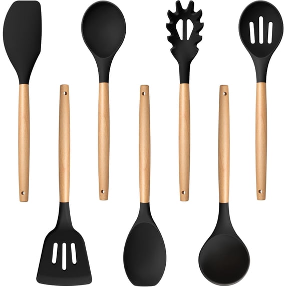 Cooking Utensils Set of 7, Kitchen Utensils Set with Wooden Handles ...