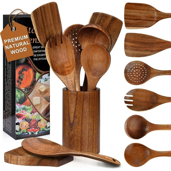 Cooking Utensils Set for Kitchen - 8 Piece Nonstick Natural Teak Wooden ...