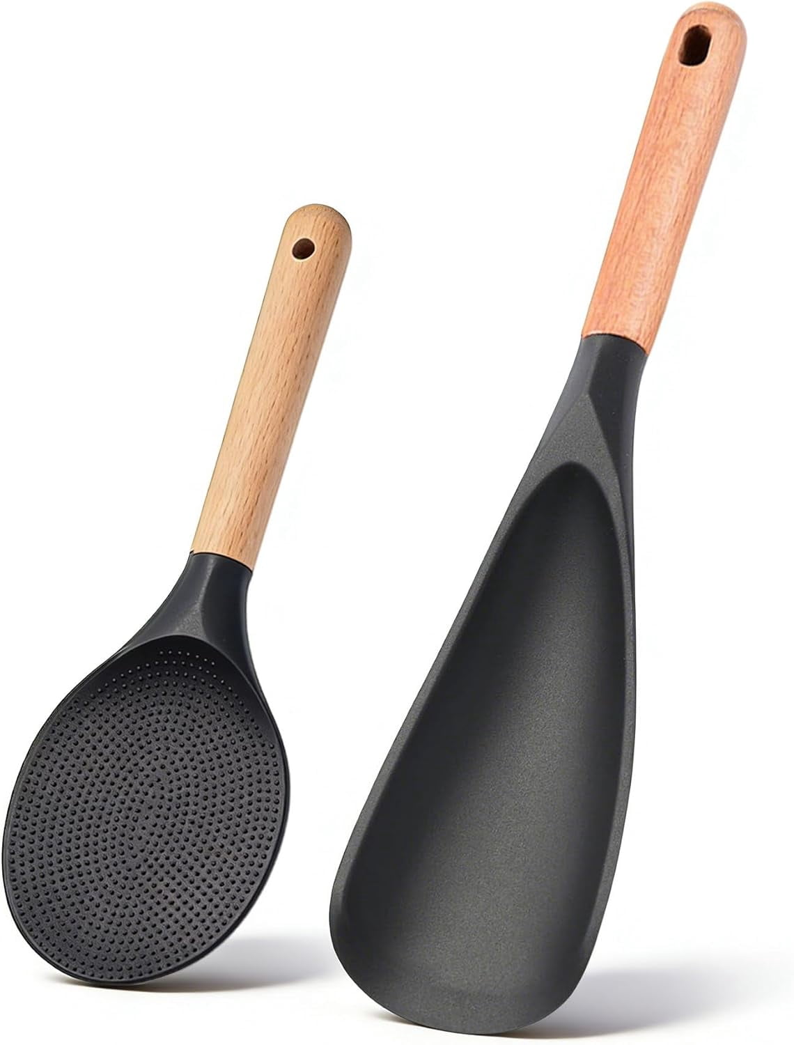 Cooking spoon set of 2: A set of multifunctional wooden handle silicone ...