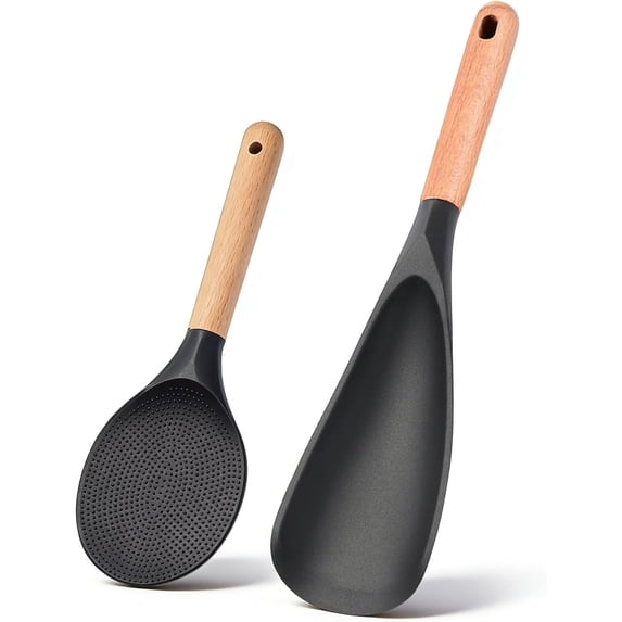 Cooking spoon set of 2: A set of multifunctional wooden handle silicone ...