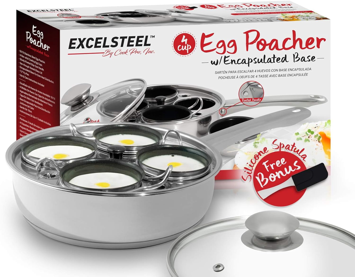 Cook Pro Stainless Steel 4-Egg Poacher Cookware Pan with Tempered Glass ...