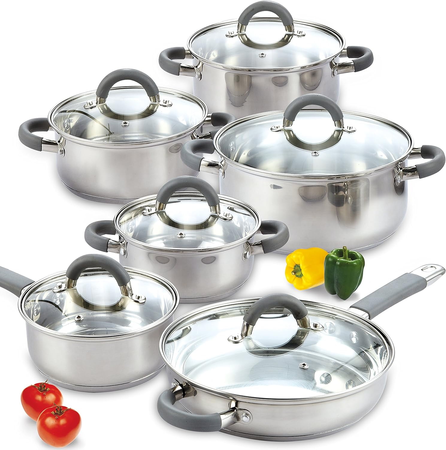 Cookware Basic Pots and Pans, 12 Piece set, Stainless Steel Grey ...