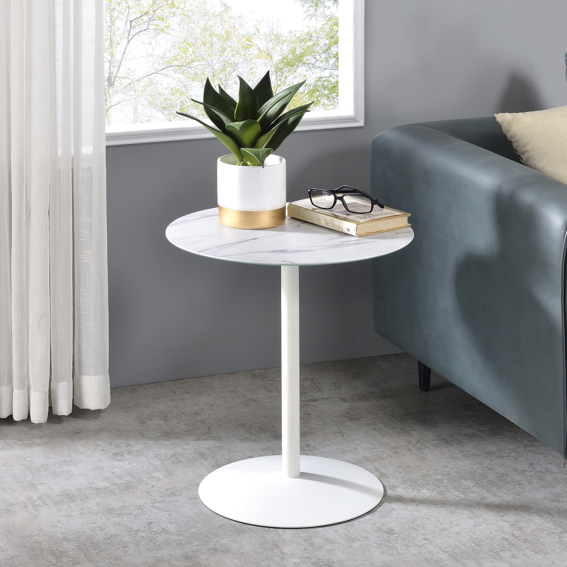 Cool 17.5" End Table With White Marble Textured Glass Top And Steel ...