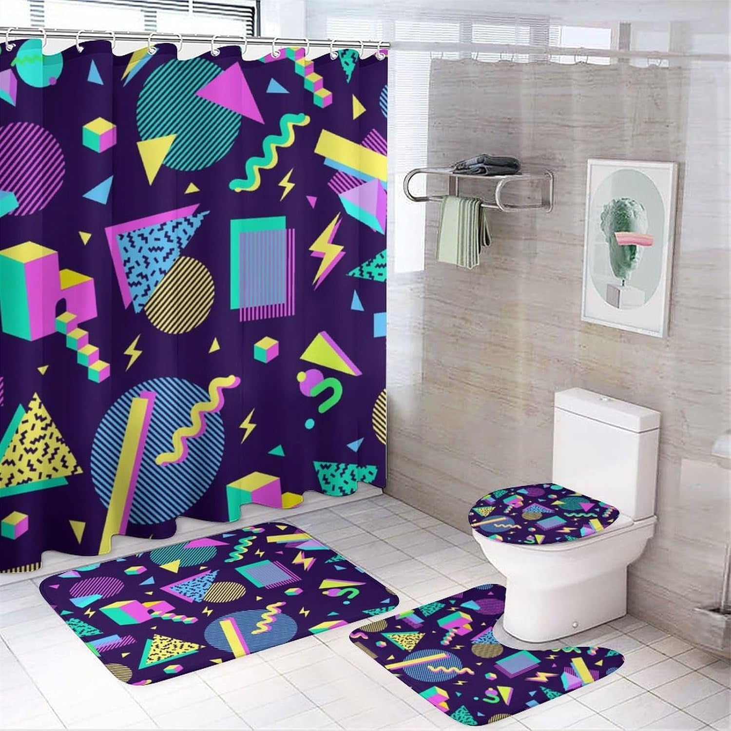 Cool 80s 90s Party Decorations 4 Pcs Shower Curtain Set Bathroom Set ...