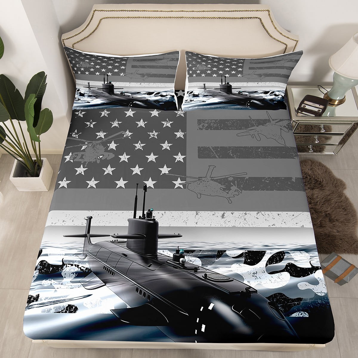 Cool Aircraft Fitted Sheet, Camo American Flag Bedding Set Full Size ...