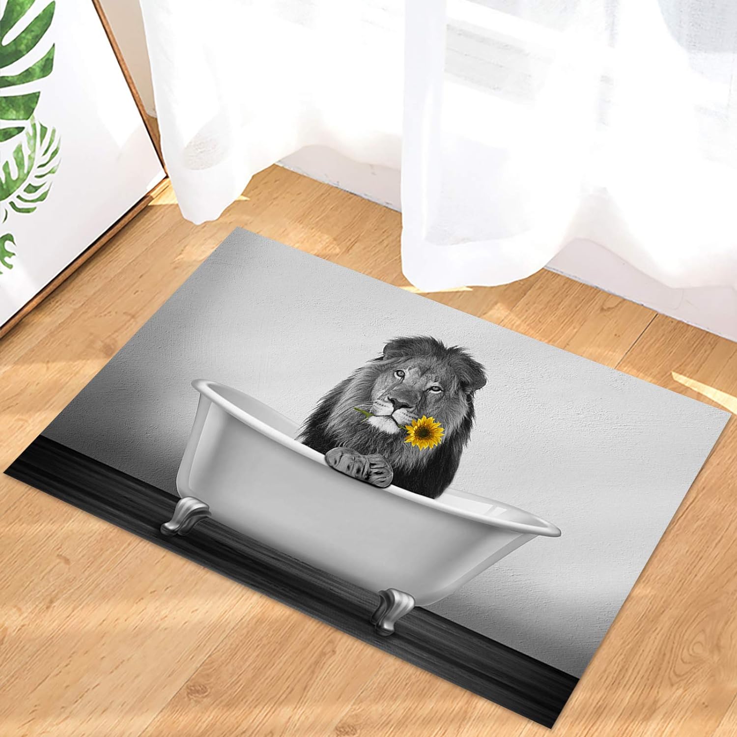 Cool Animal Lion with Sunflower in Bathtub Indoor Doormat Non-Slip ...