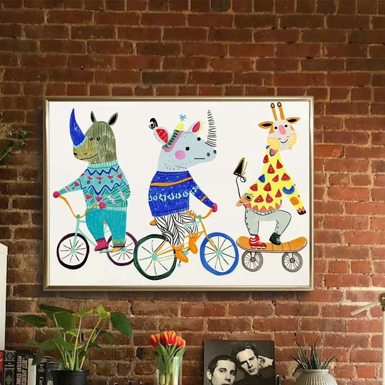 Cool Animals On Bikes - Whimsical & Colorful Wall Print Poster Wall Art ...