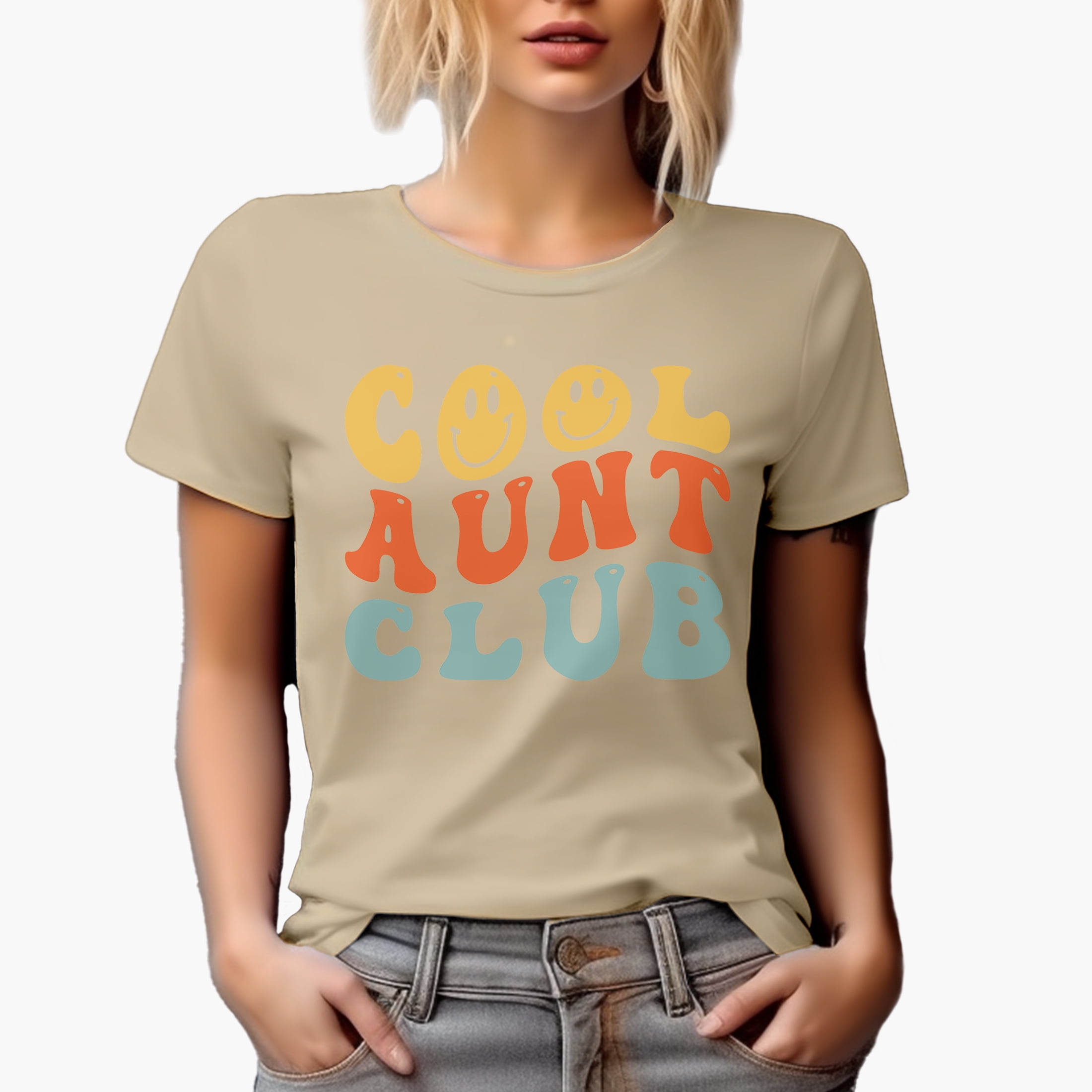 Cool Aunt Club, Auntie Themed, Groovy Retro Wavy Text Merch Gift, Tan T ...