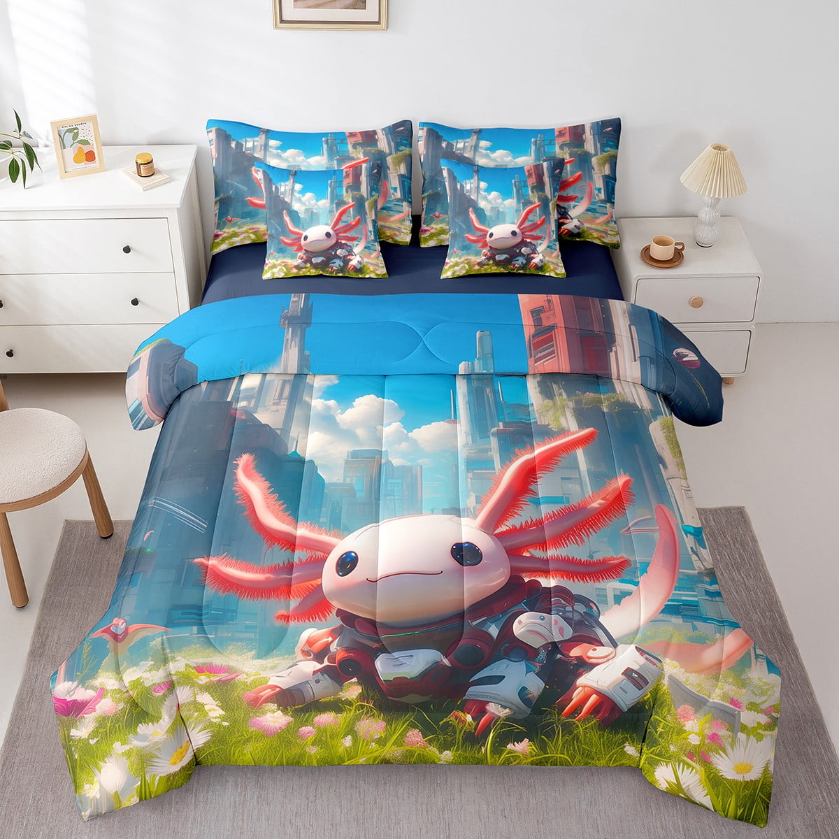 Cool Axolotl Bedding Set With Sheets Robot Animal Axolotl Twin Bed In A ...