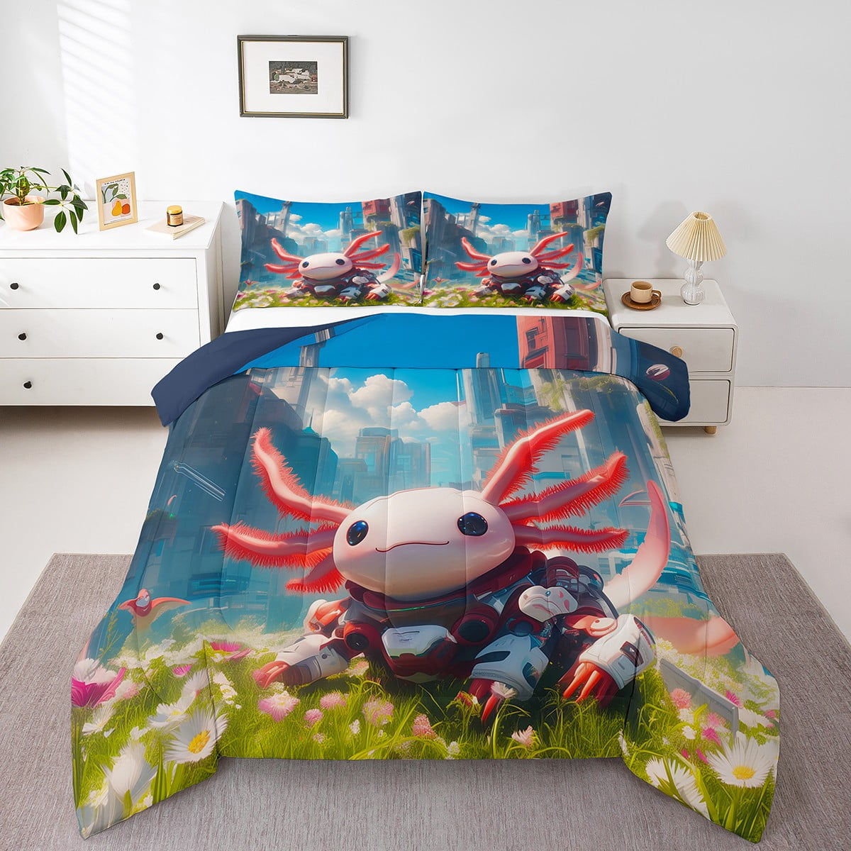 Cool Axolotl Down Comforter Robot Animal Axolotl Bedding Set Pink ...