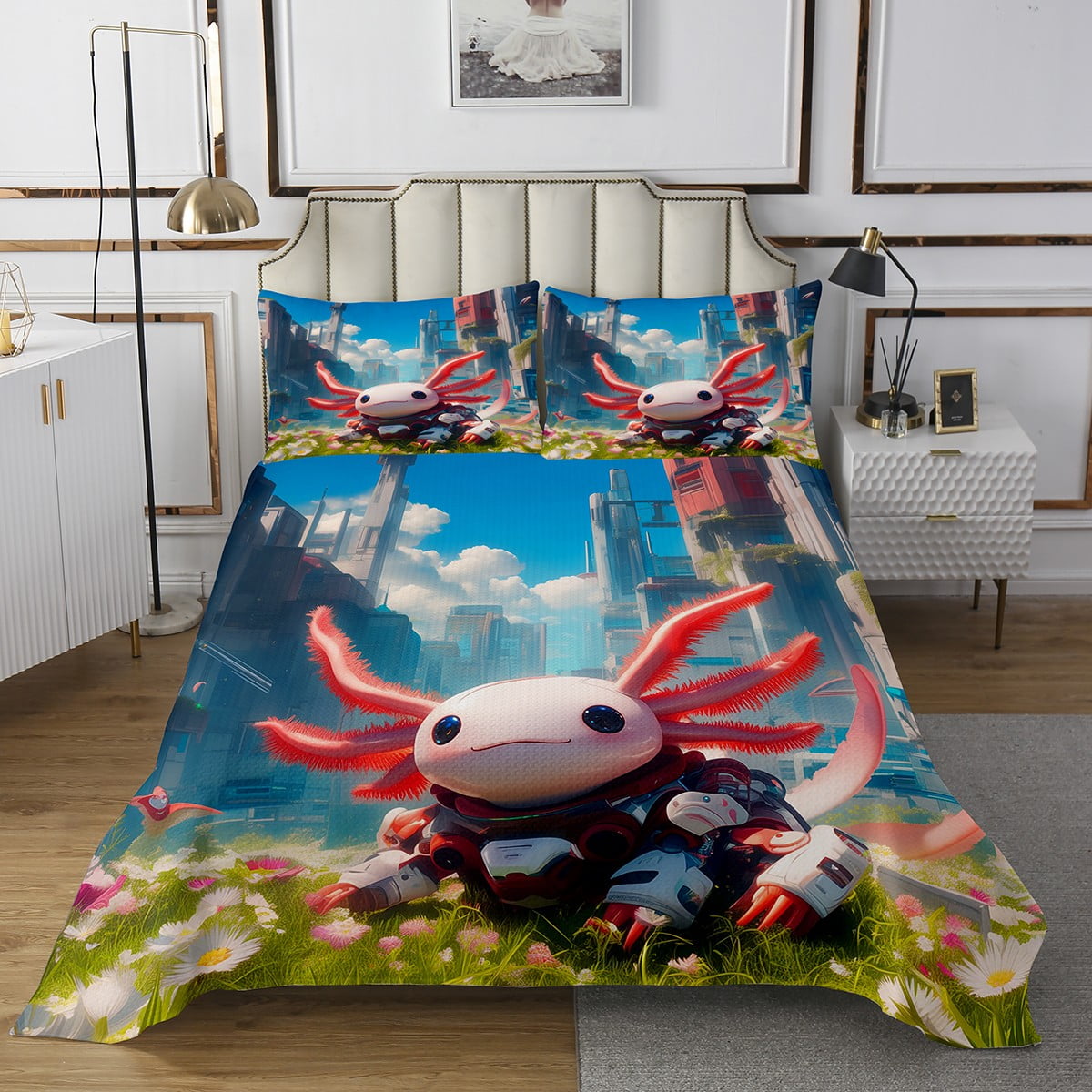 Cool Axolotl Kids Coverlet Set Robot Animal Axolotl King Quilt Set Pink ...