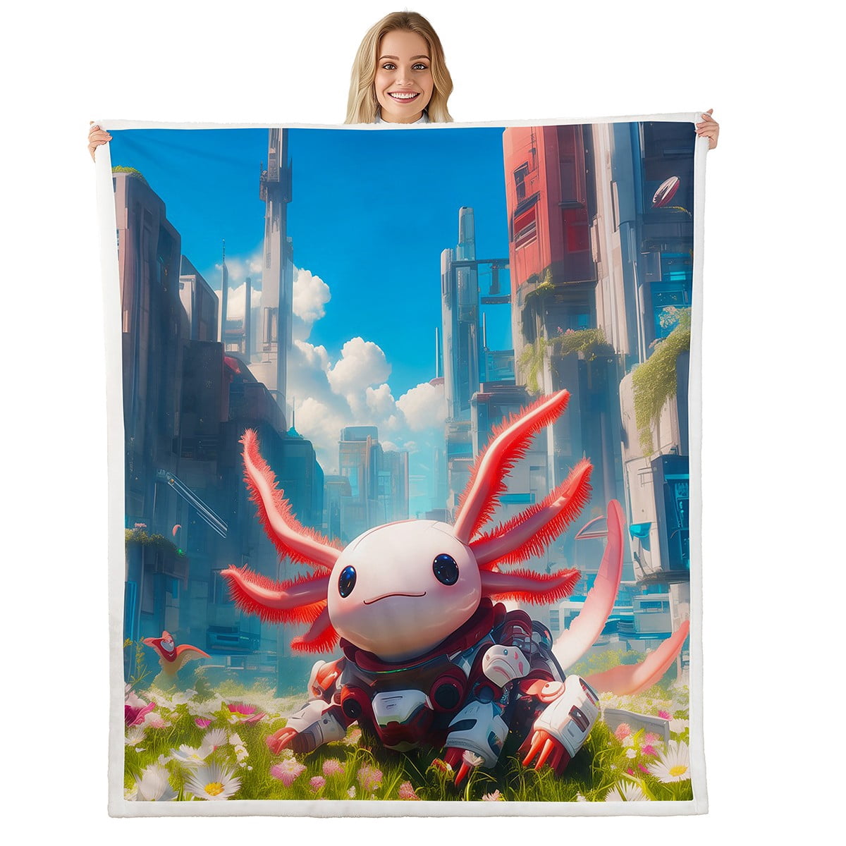 Cool Axolotl Sherpa Blanket Robot Animal Axolotl 40"X50" Throw Blanket ...