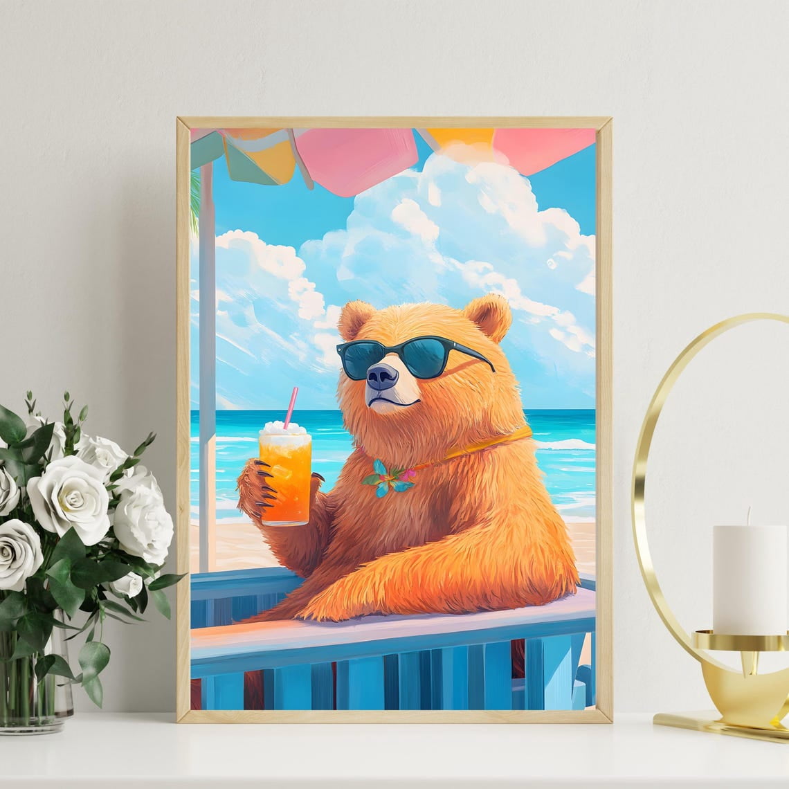 Cool Beach Bear Poster, Summer Bearbeach Vacation Bear Print, Fun ...