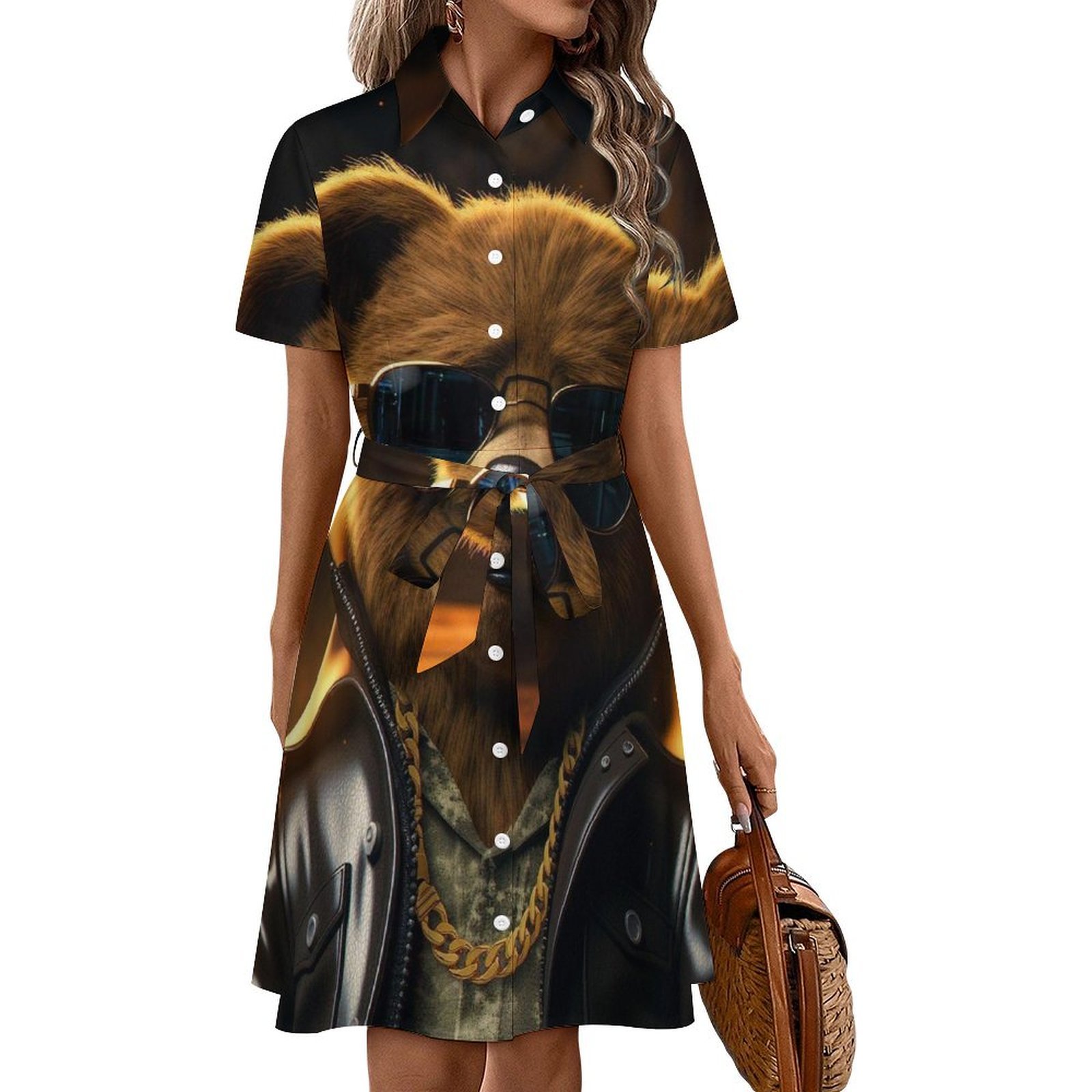 Cool Bear In Leather Jacket Womens Shirt Dresses Women'S Short Sleeve ...