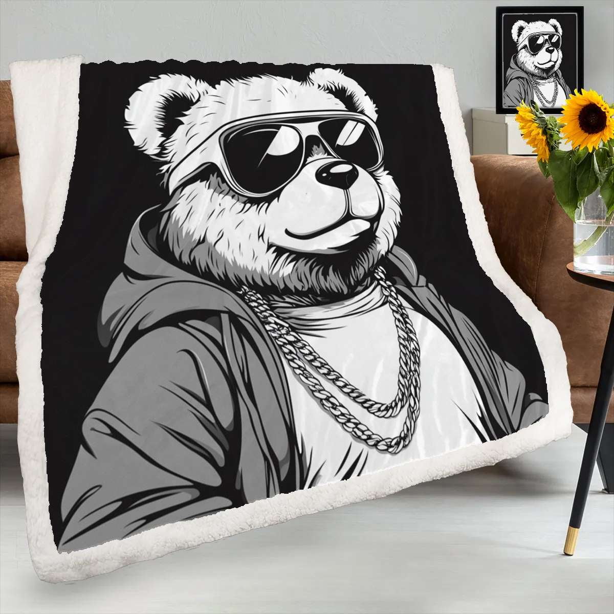 Cool Bear In Shades And Chain Sherpa Blanket Throw Blanket For Bed ...