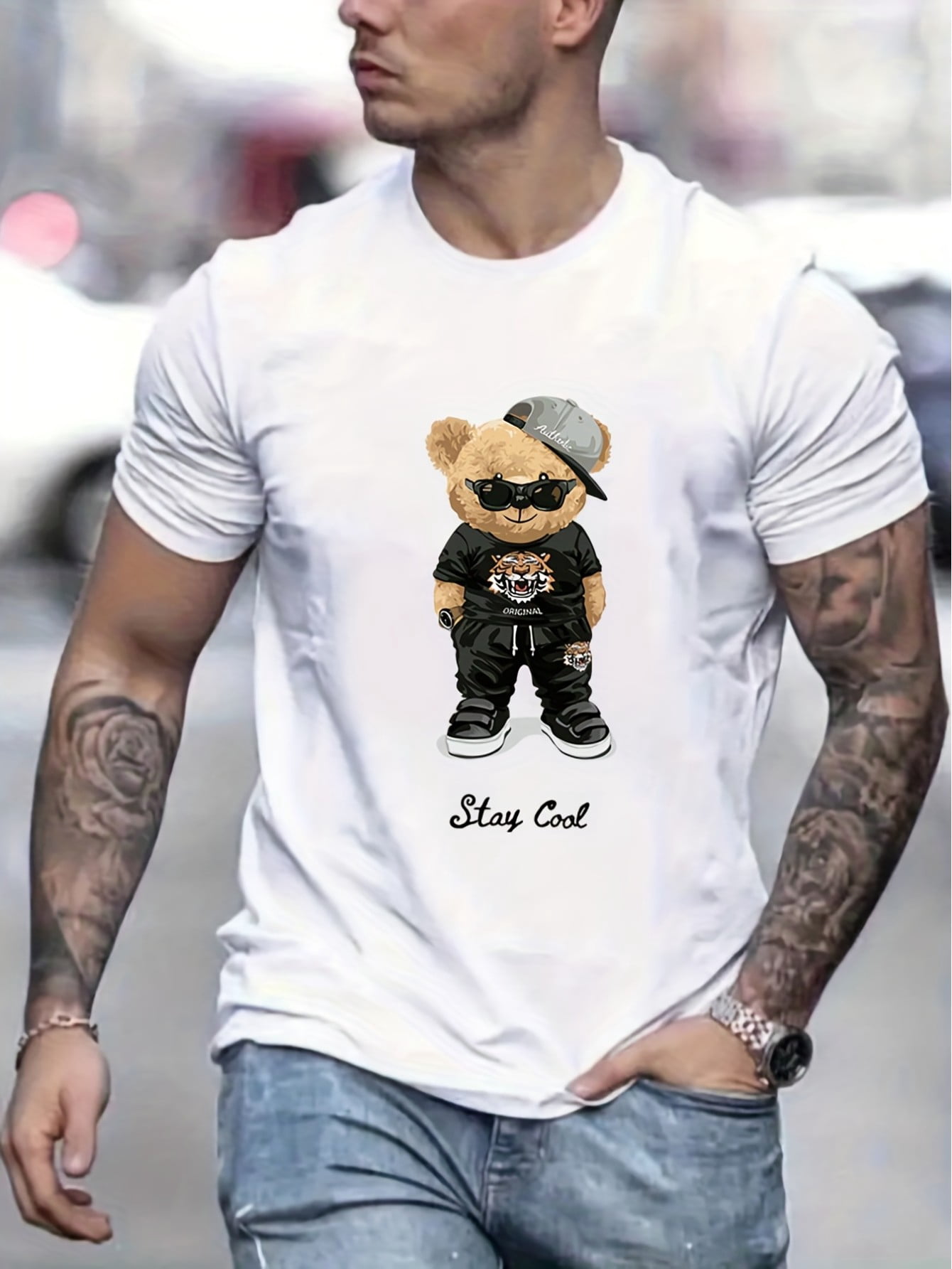 Cool Bear Print, Men's Graphic T-shirt, Casual Comfy Tees For Summer ...