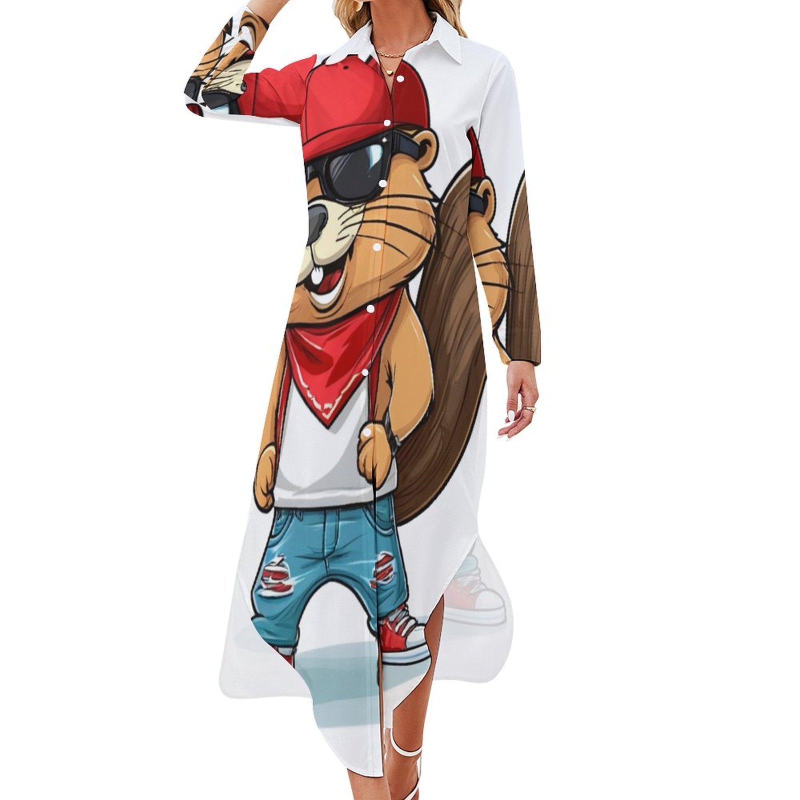 Cool Beaver Streetwear Shirt Dress Long Sleeve Street Fashion V Neck ...