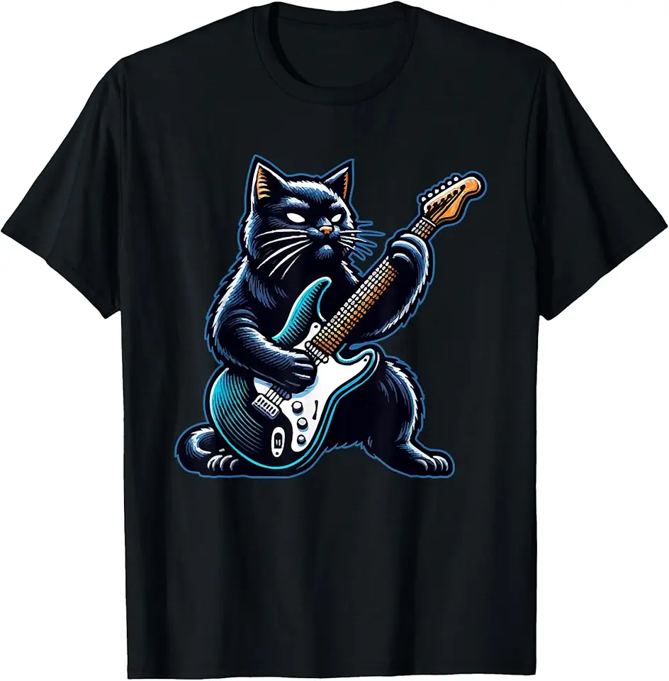 Cool Black Cat Playing Guitar Rock Star Unisex Graphic Short Sleeve Tee ...
