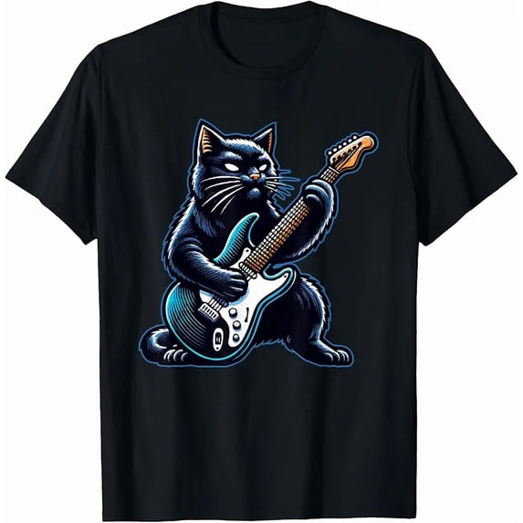 Cool Black Cat Playing Guitar Rock Star Unisex Graphic Short Sleeve Tee ...