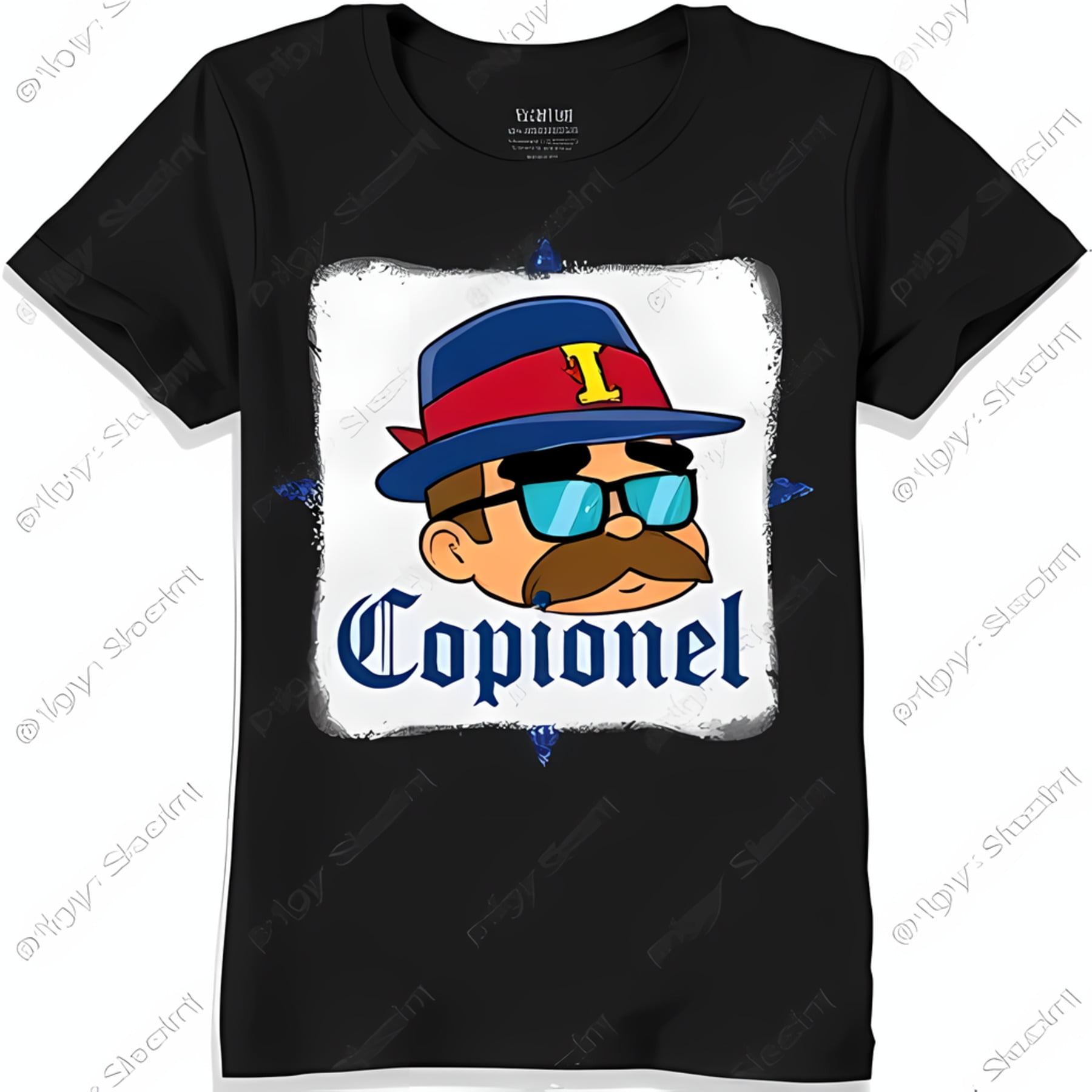 Cool Black T-Shirt with Cartoon Mustached Character & 'Copionel ...