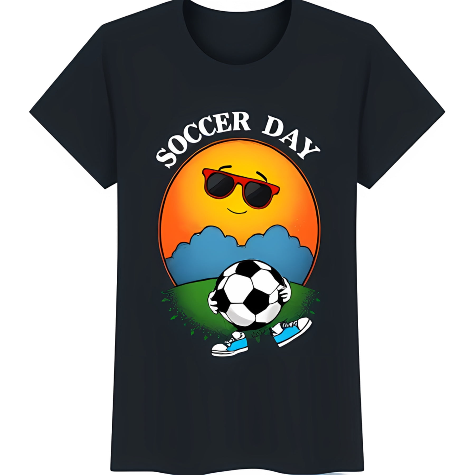 Cool Black T-Shirt with Cartoon Sun Soccer Ball & 'Soccer Day' Graphic ...