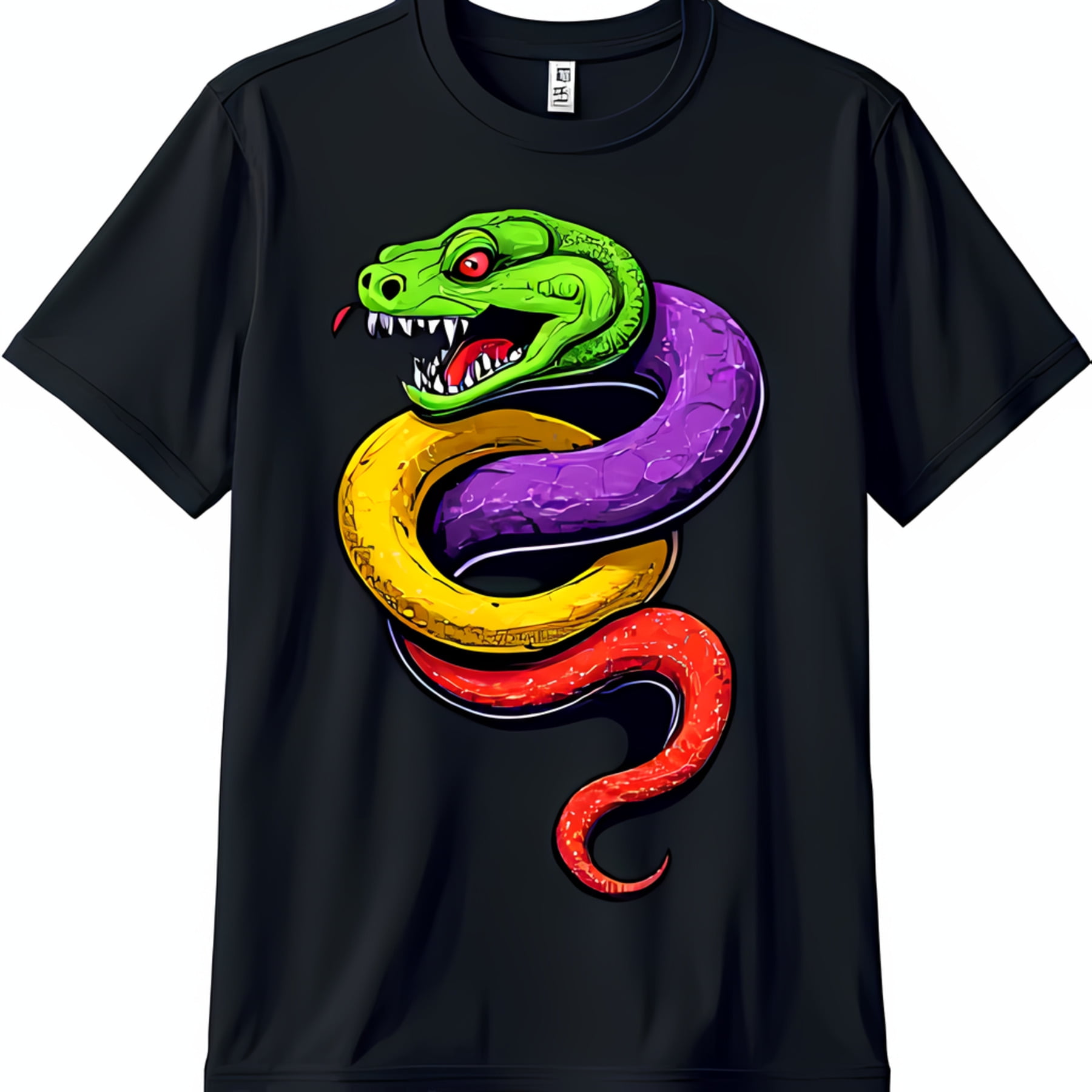 Cool Black T-Shirt with Colorful Cartoon Snake Design Green Snake with ...