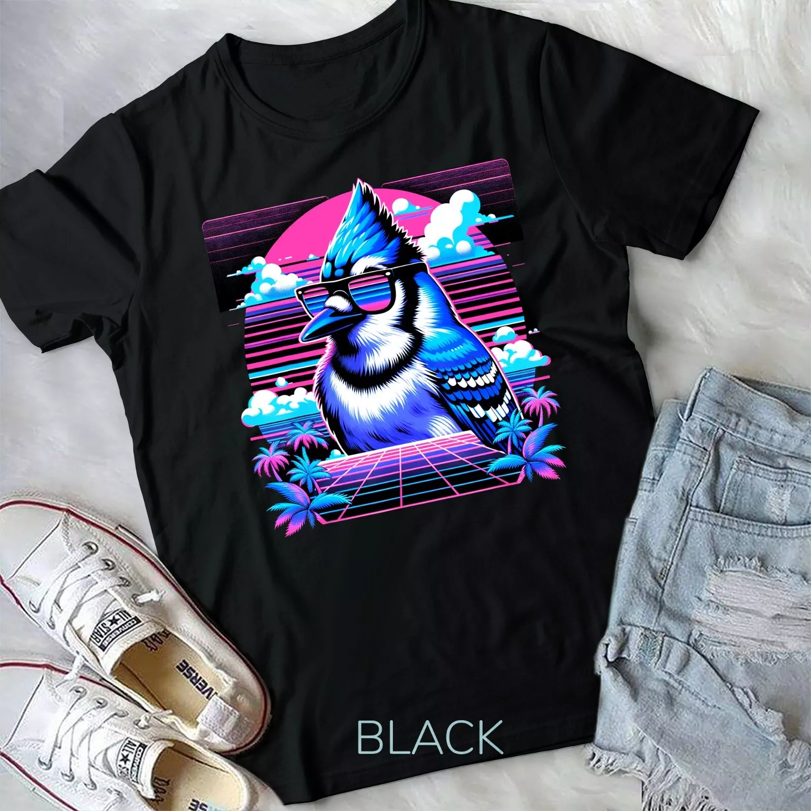 Cool Blue Jay Bird, 80s Retrowave, and 90s Vaporwave Blue Jay Unisex T-Shirt, up to 5XL ...