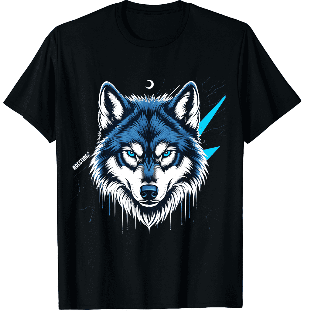 Cool Blue Wolf Graphic T-Shirt Retro Wild Animal Lightning Moon Design ...