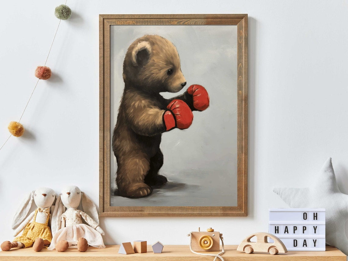 Cool Boys Room Wall Art Bear Cub Boxer Vintage Kids Room Decor Unique ...