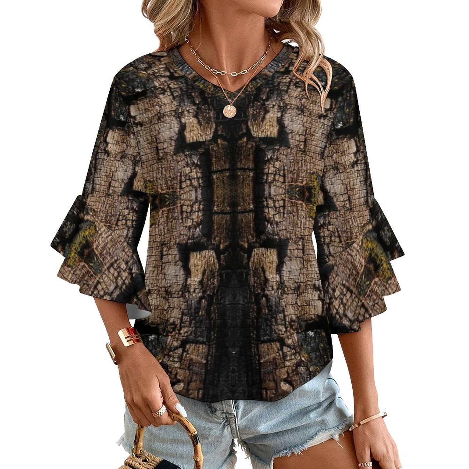 Cool Brown Wood Bark With Yellow Lichen Camo Texture Pattern Women's V ...