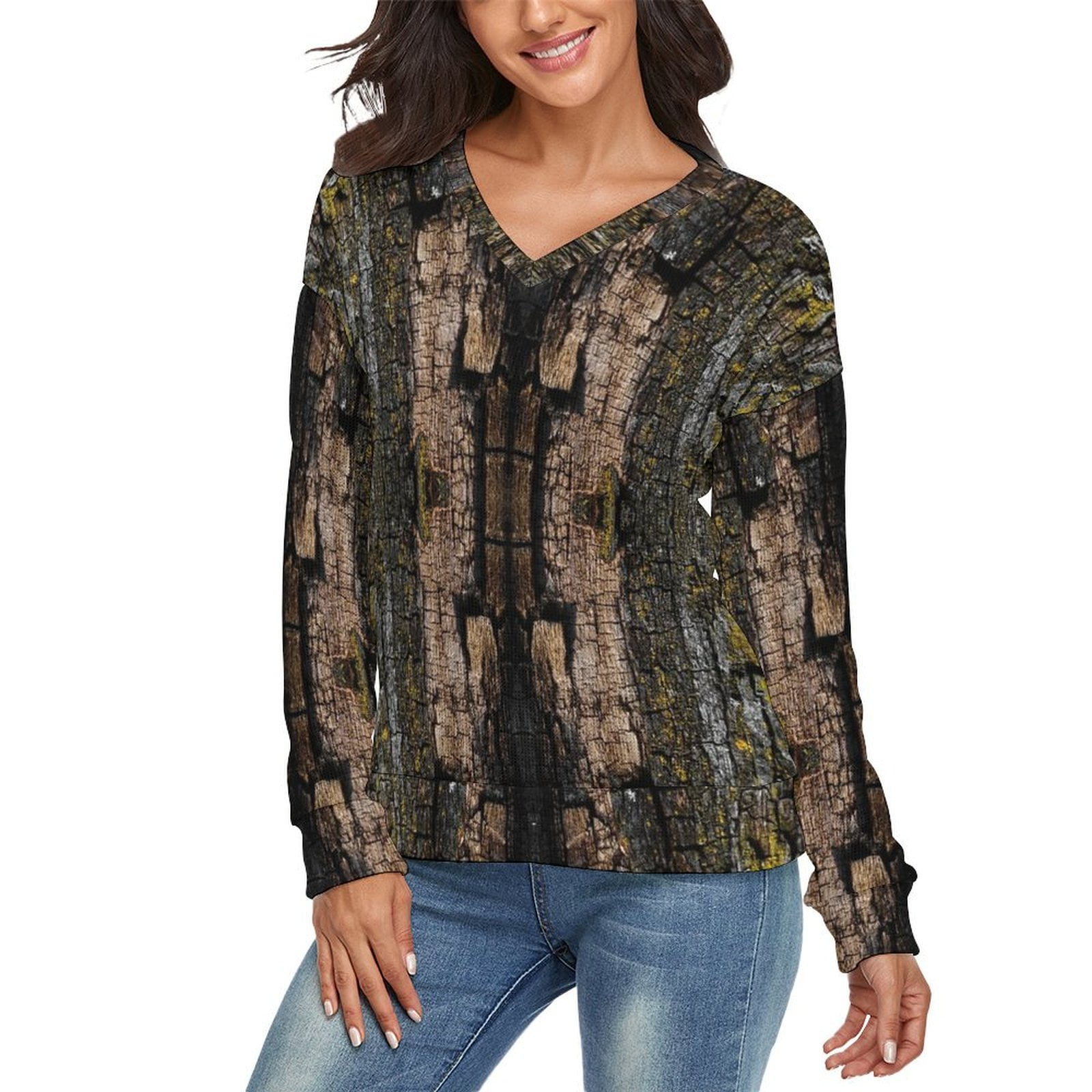 Cool Brown Wood Bark with Yellow Lichen Camo Texture Pattern V-neck ...