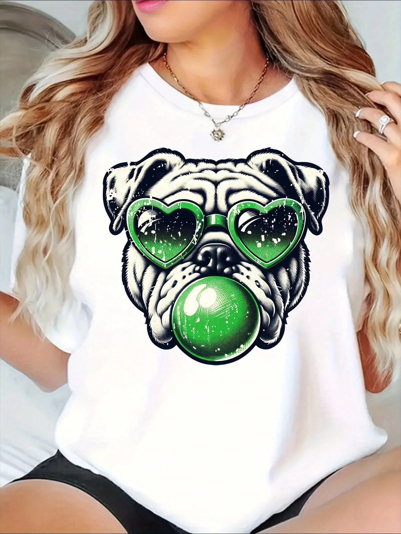 Cool Bulldog Heart Sunglasses Bubble Gum for Women Graphic Short Sleeve ...
