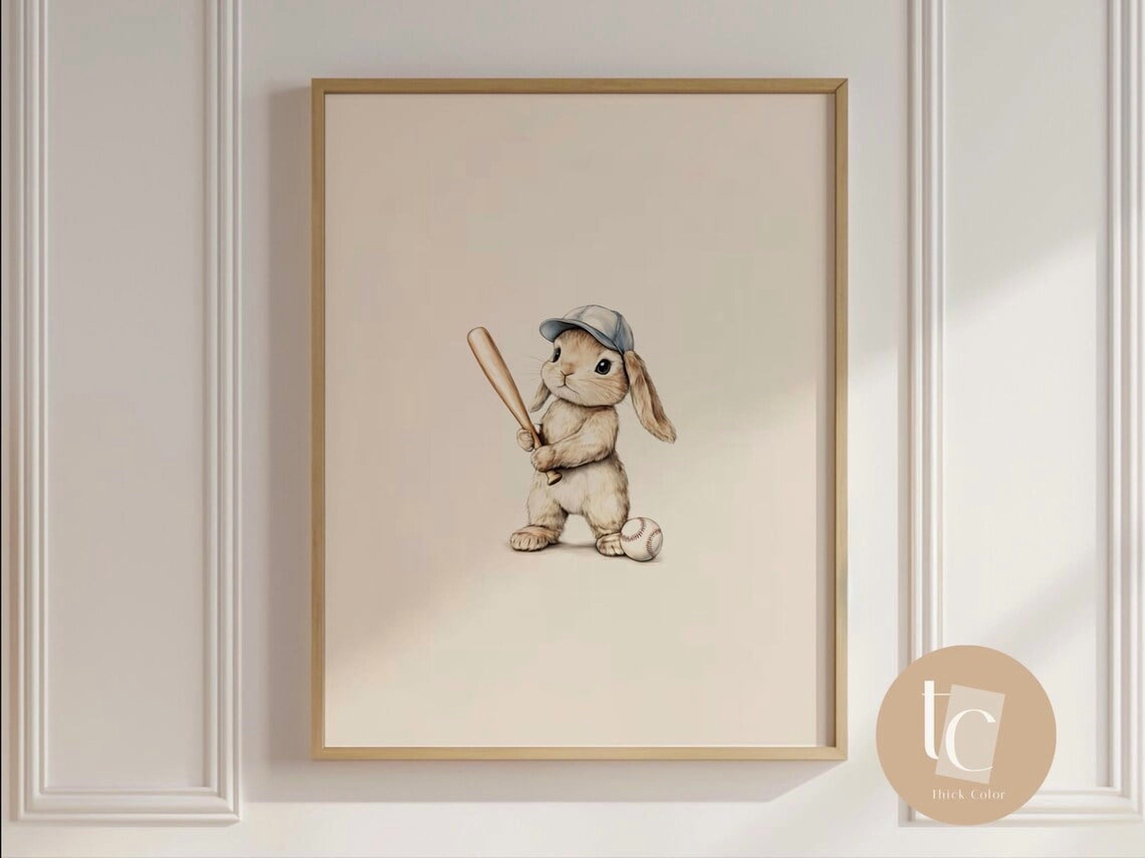 Cool Bunny Playing Baseball Retro Kids Nursery Wall Art Playful ...