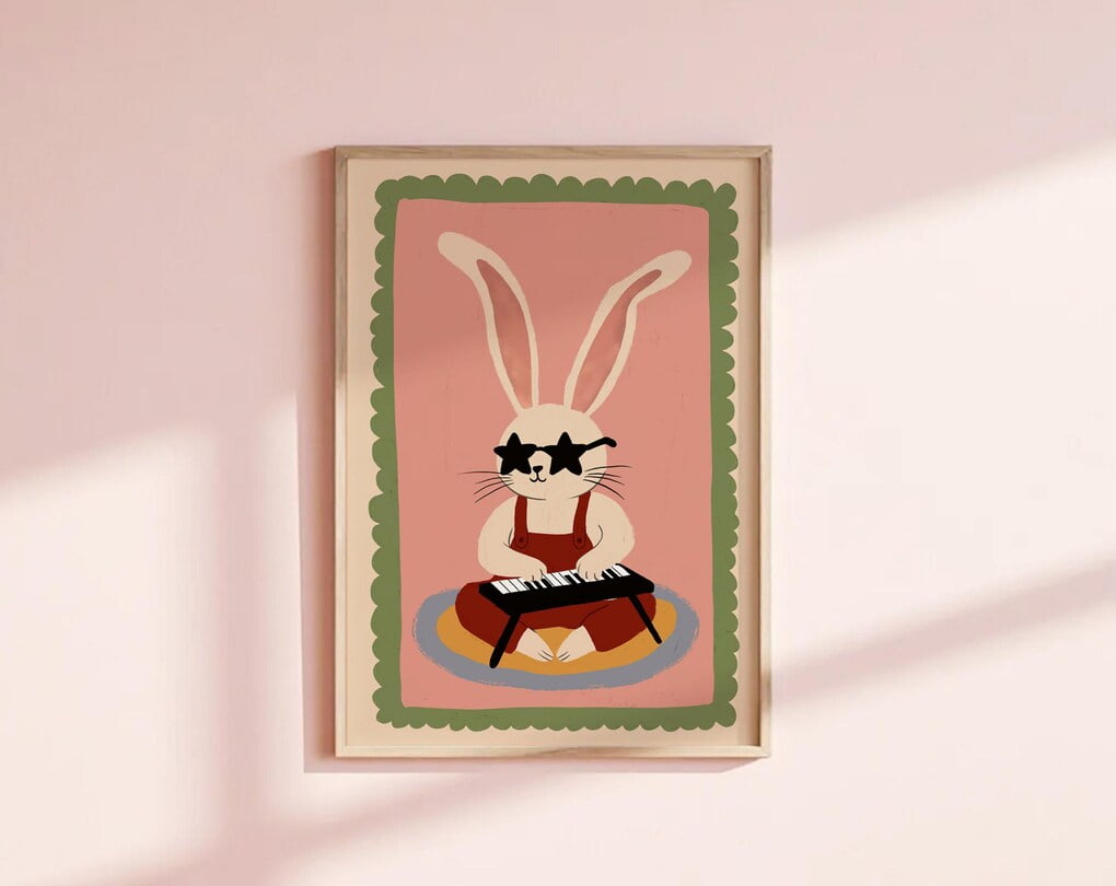 Cool Bunny Synth Keyboard Poster Retro Music Wall Art Playful Animal ...