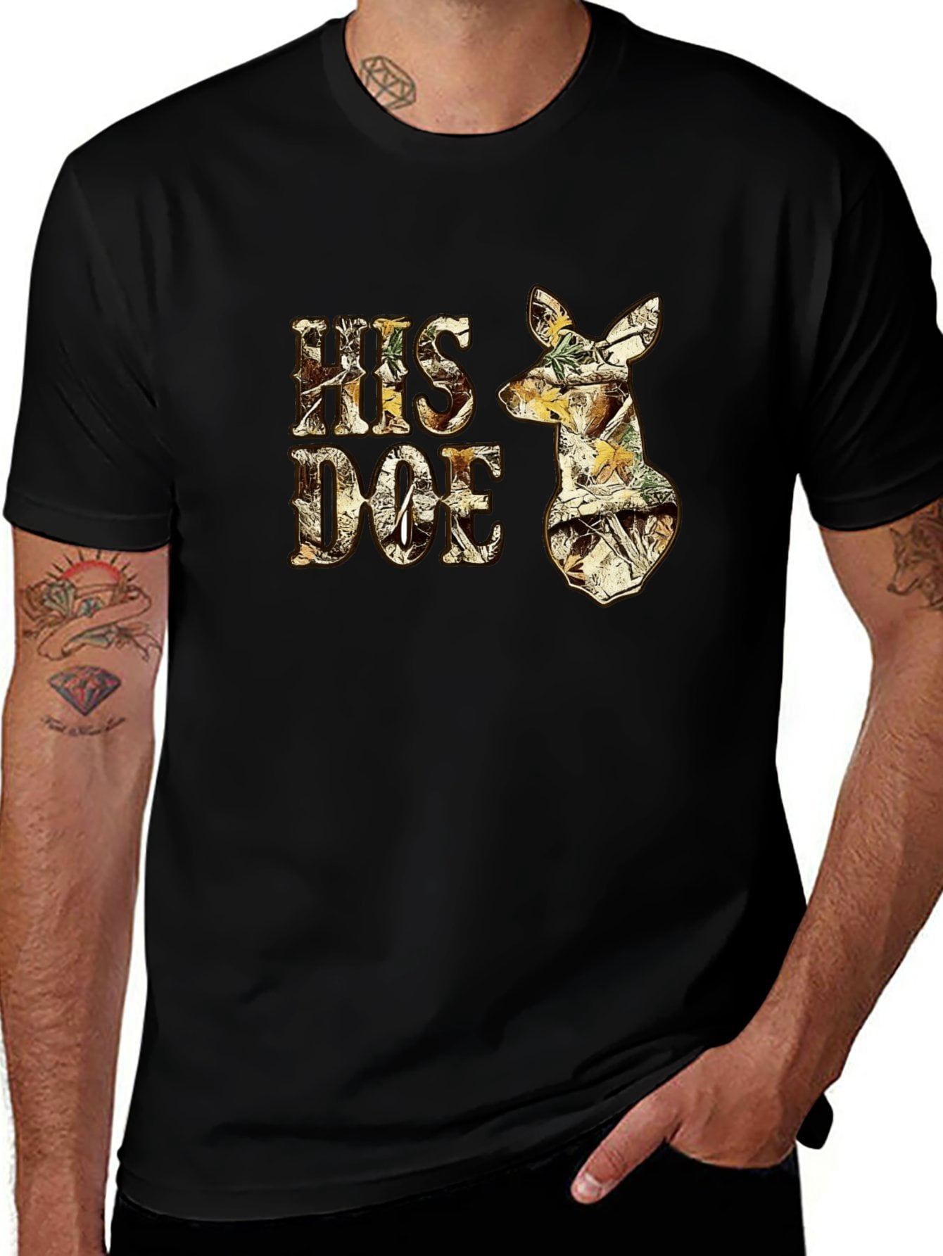 Cool Camo Buck Design His Doe Text Men's T-Shirt - Breathable Everyday ...